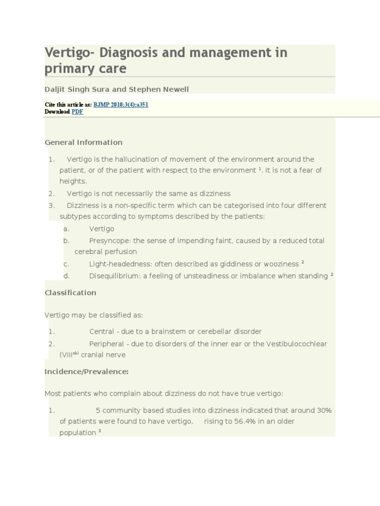 Vertigo-Diagnosis and Management in Primary Care: Daljit Singh Sura and ...