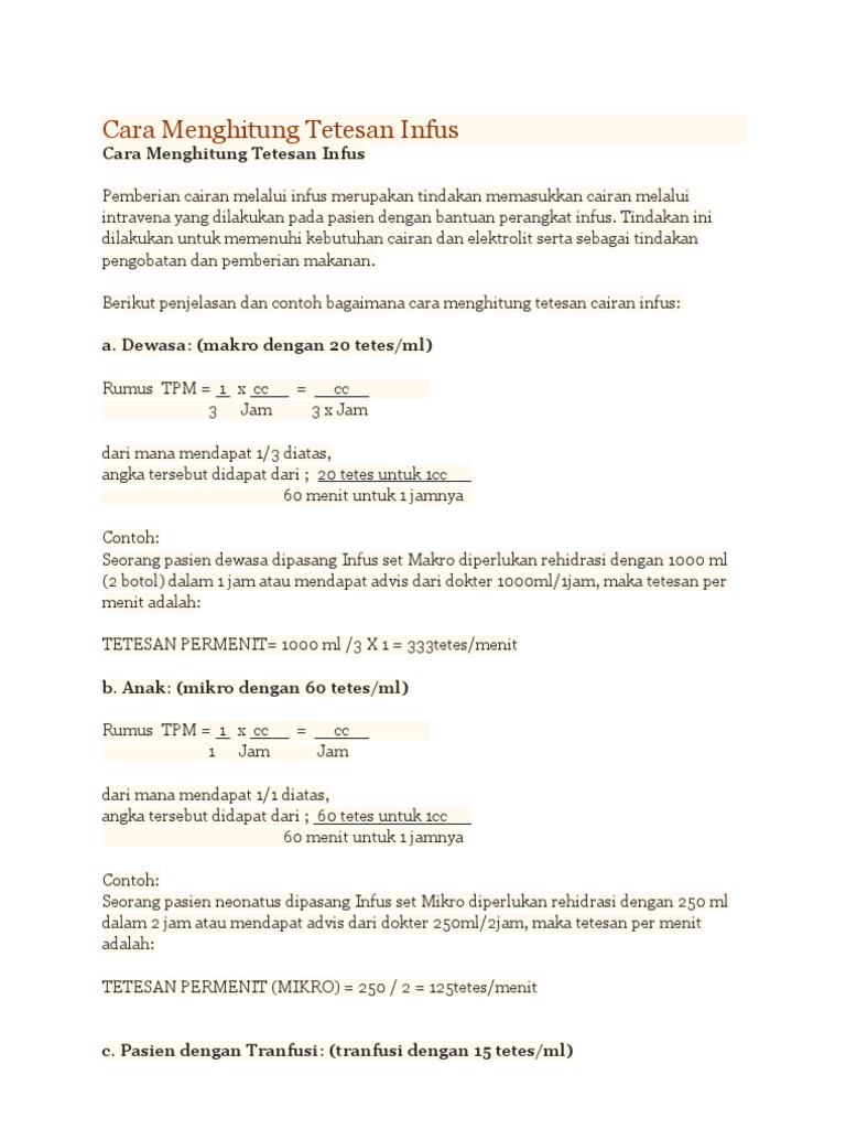 Menghitung Tetesan Infus dengan Rumus | PDF