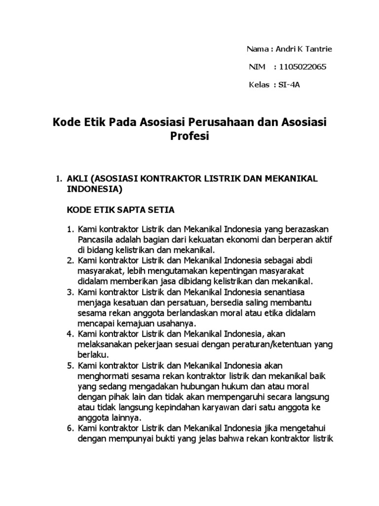 Kode Etik Asosiasi Perusahaan Dan Asosiasi Profesi | PDF