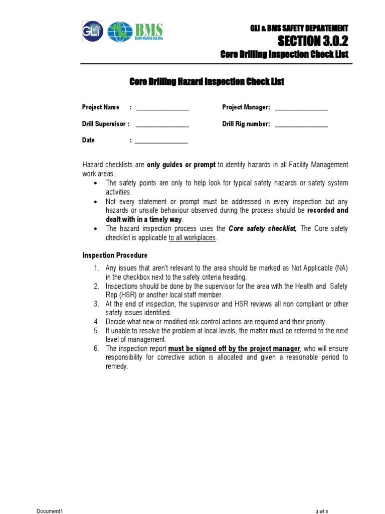 Section 3.0.2 Core Drilling Hazard Inspection List | Personal ...