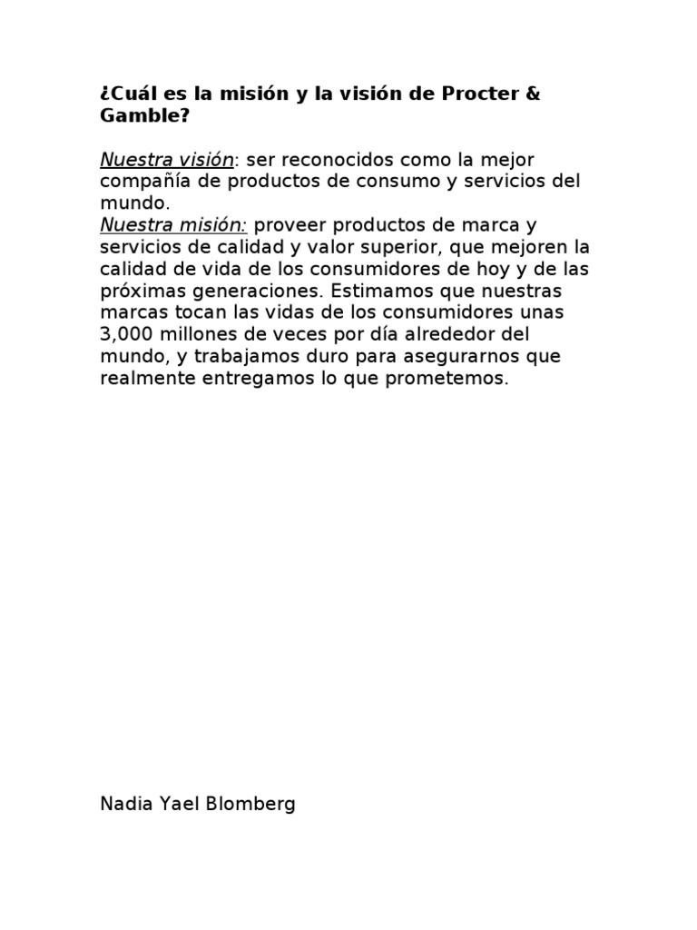 Cuál Es La Misión y La Visión de Procter & Gamble | PDF