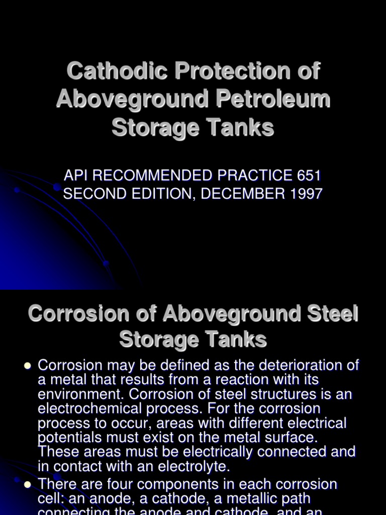 Cathodic Protection of Aboveground Petroleum Storage Tanks: Api ...