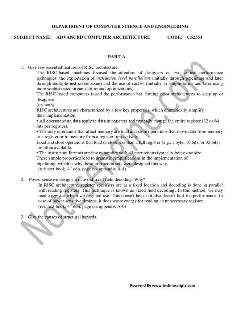 Department of Computer Science and Engineering Subject Name: Advanced Computer Architecture Code ...
