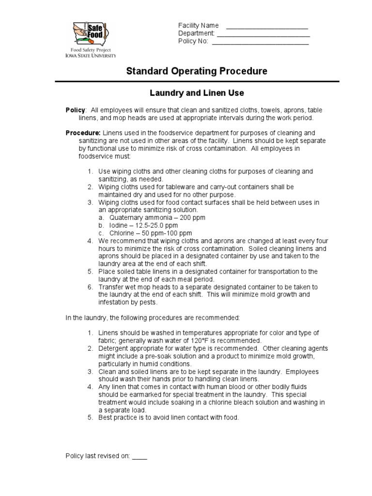 Laundry Linen SOP | PDF | Laundry | Linens