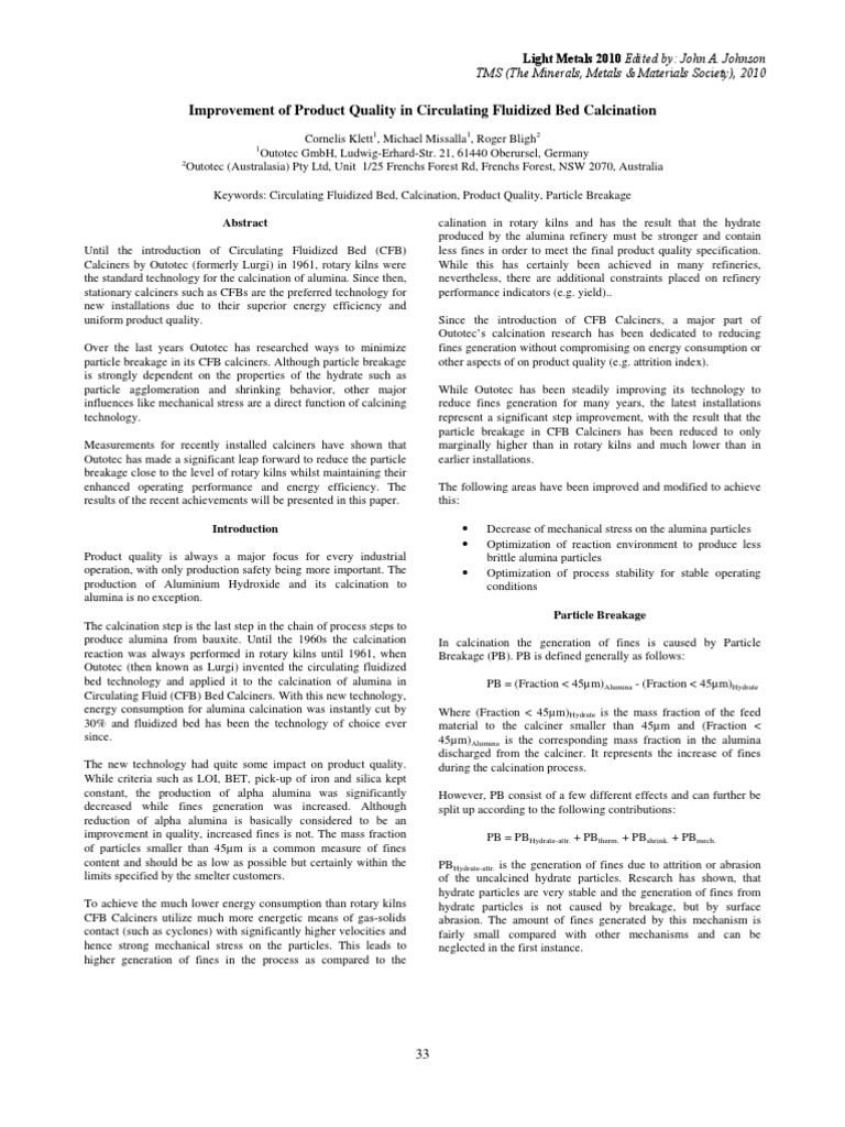 Improvement of Product Quality in Circulating Fluidized Bed Calcination ...