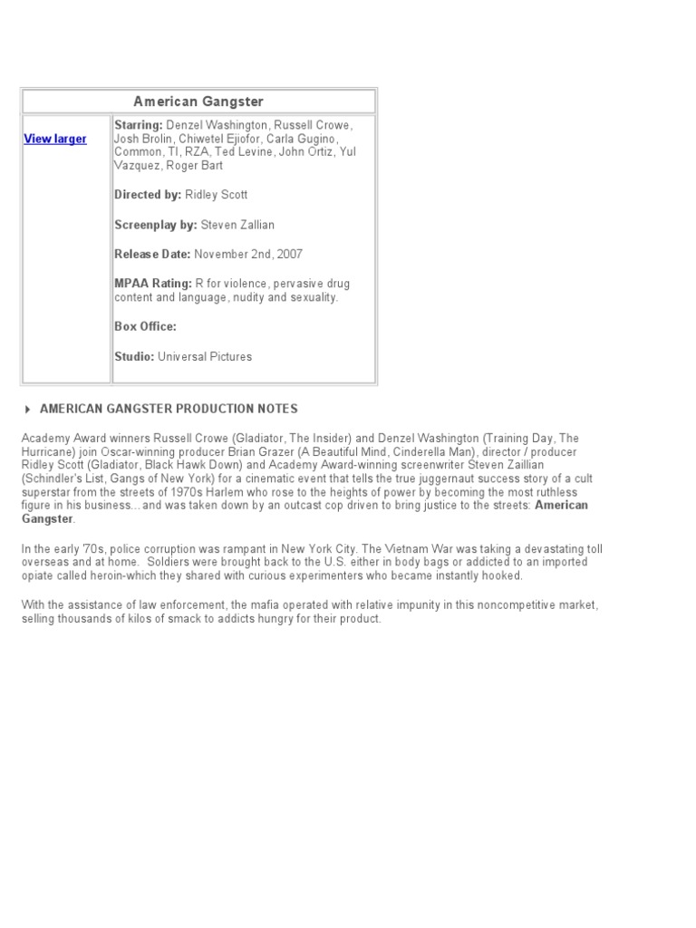 American Gangster Notes | PDF | Crime & Violence | Crime Thriller