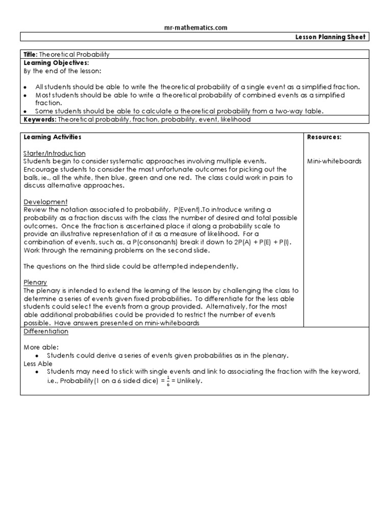 Theoretical Probability Lesson Plan | PDF