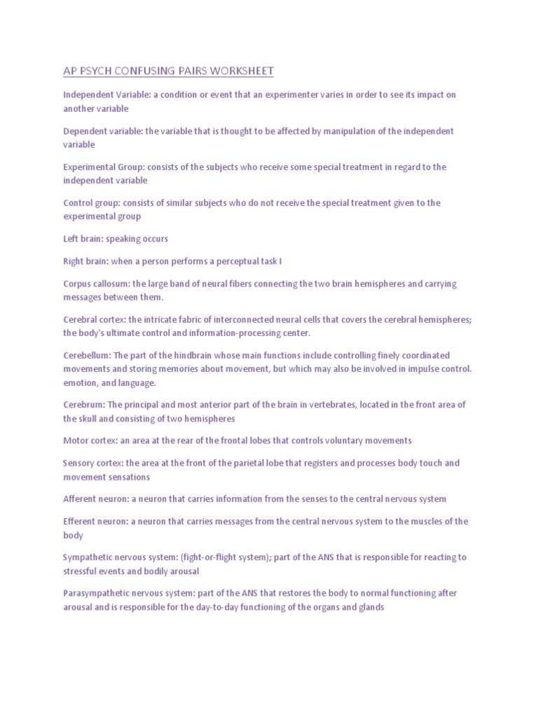 AP Psych Confusing Pairs Worksheet | PDF | Nervous System | Memory