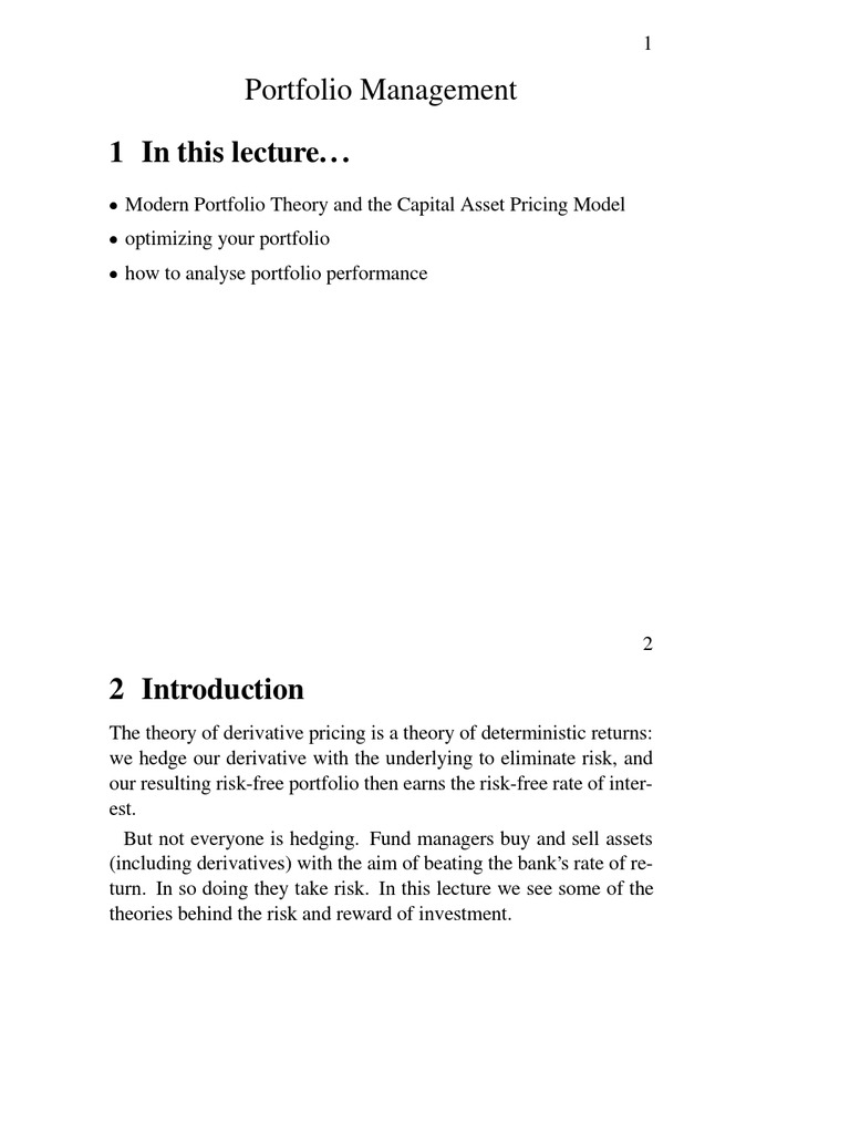 Portfolio Management: 1 in This Lecture. . | PDF | Capital Asset ...