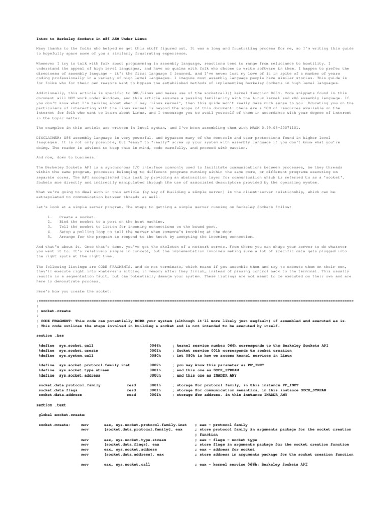 Berkeley Sockets In Linux Using X86 Asm Network Socket Linux