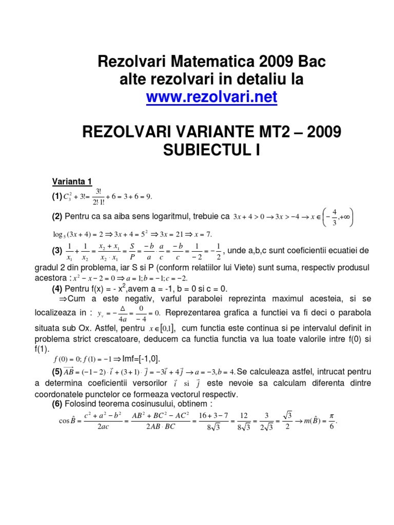 BAC - Rezolvari Matematica 2009 | PDF