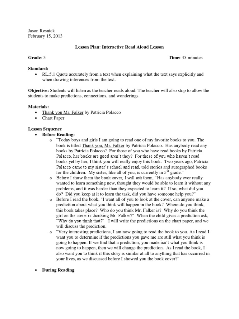 Interactive Read Aloud: Thank You, Mr. Falker | PDF | Lesson Plan ...