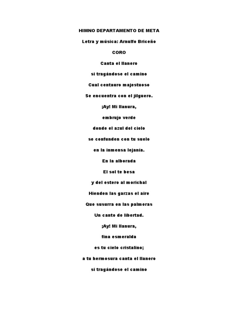 Himno Departamento de Meta Colombia | PDF