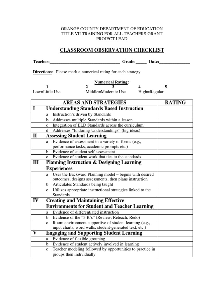 Classroom Observation Checklist | PDF