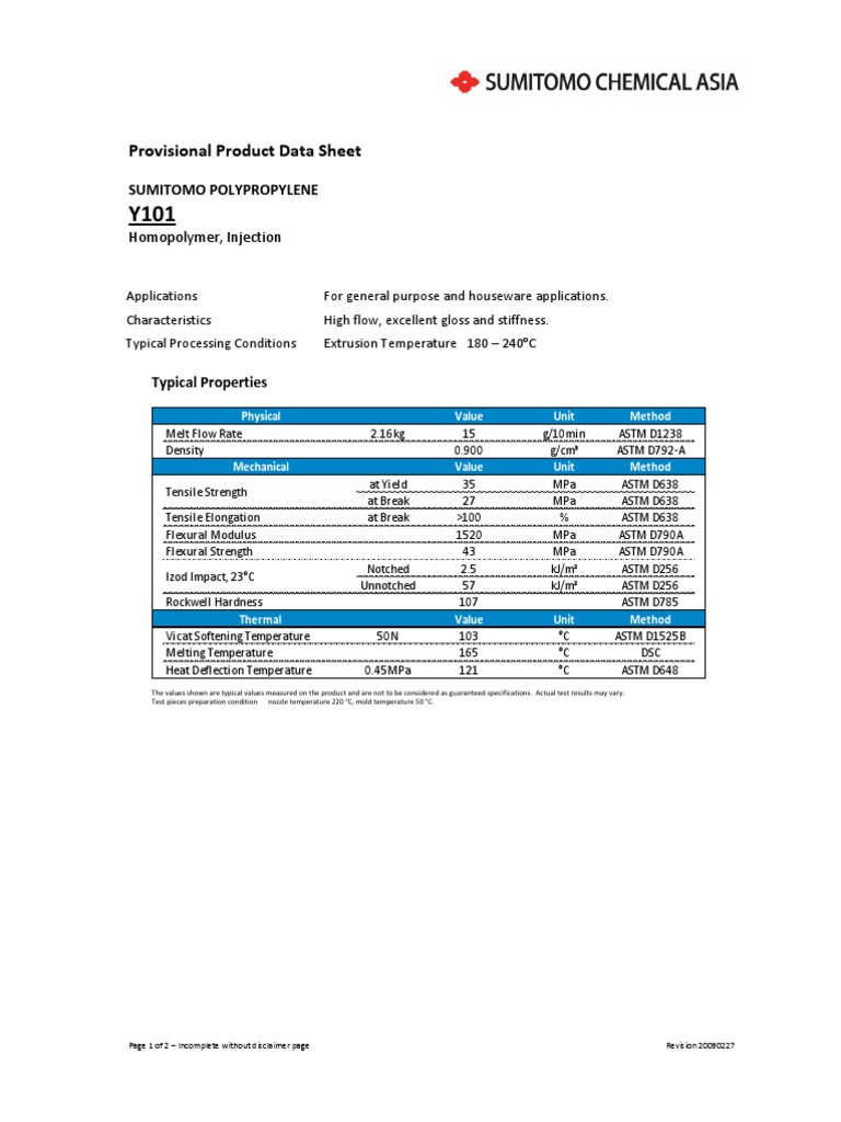 Provisional Product Data Sheet: Sumitomo Polypropylene | PDF | Plastic ...