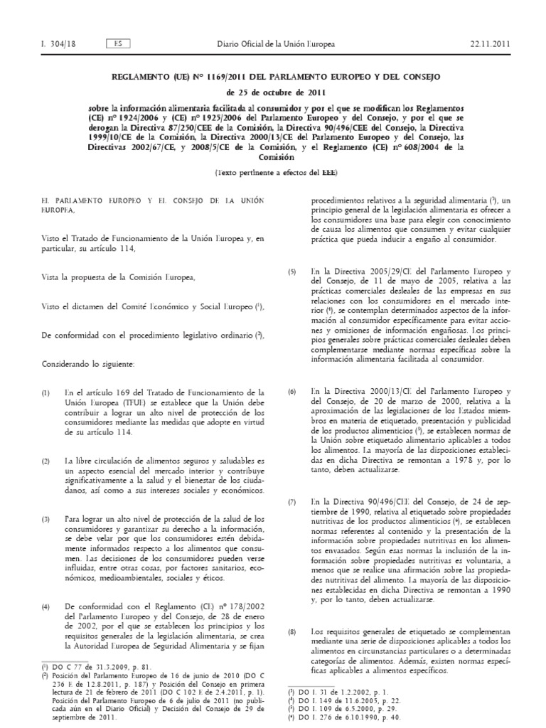 Reglamento UE 1169-2011 PDF | PDF | Unión Europea | Comisión Europea