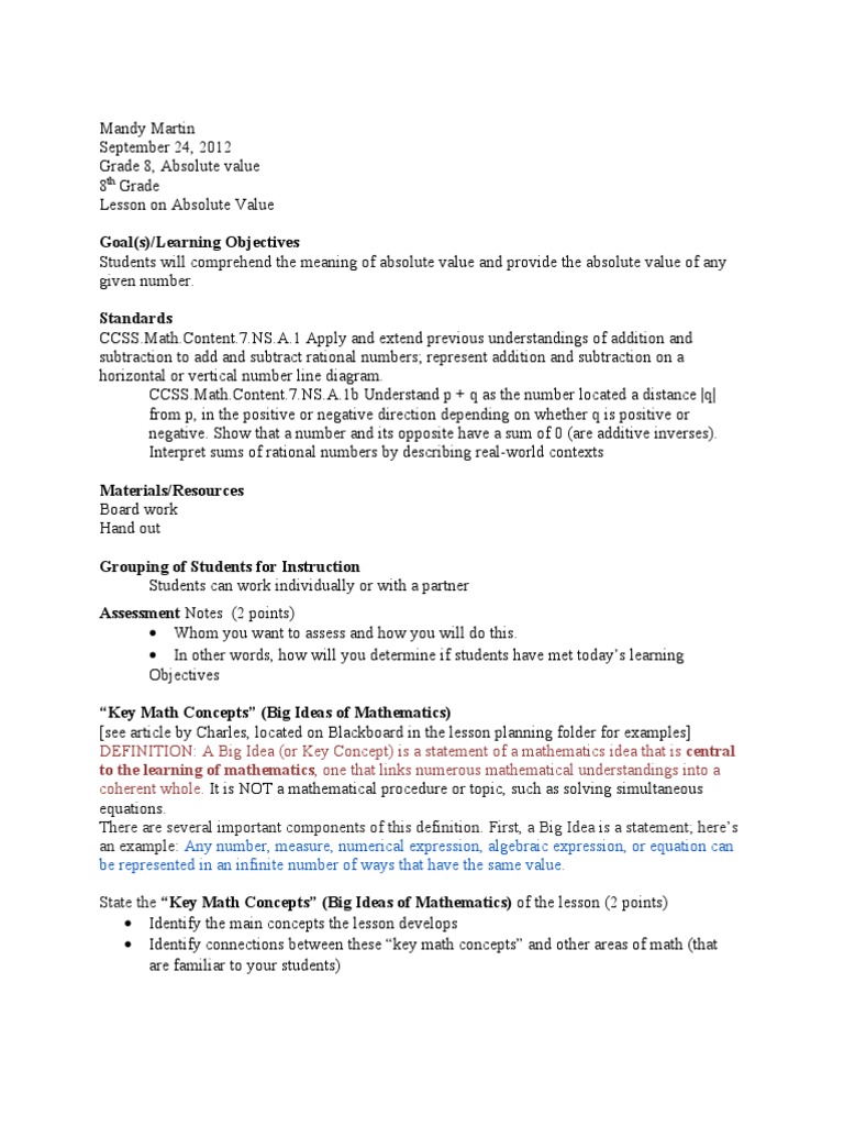 8th Grade Absolute Value Lesson Plan | PDF | Lesson Plan ...