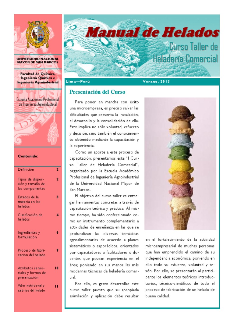 Manual de Helados - Curso Taller Heladería UNMSM | PDF | Helado | Coloide