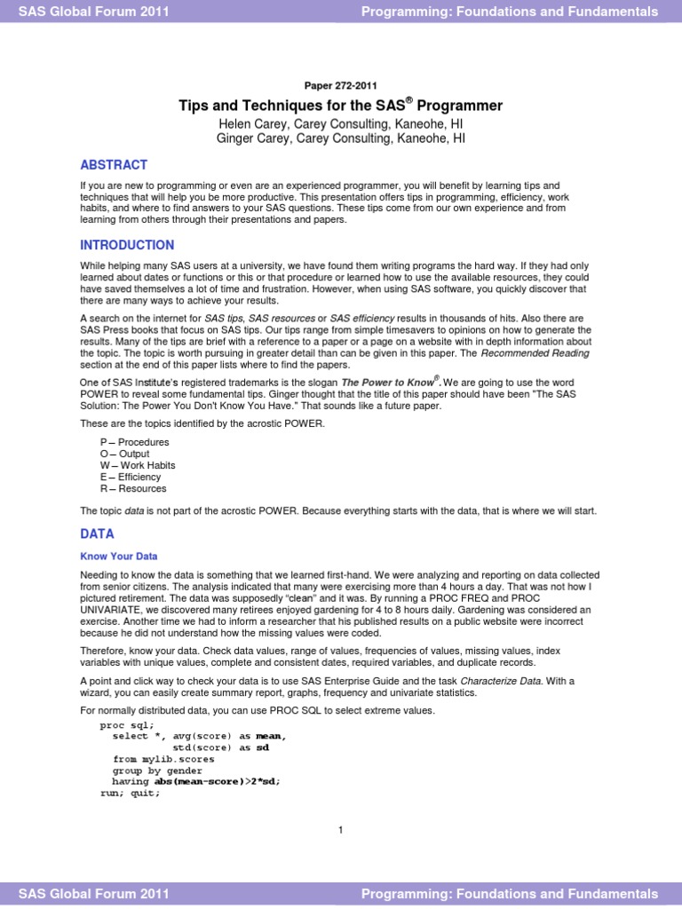 Tips And Techniques For The Sas Programmer Pdf Sas Software Variable Computer Science 4272