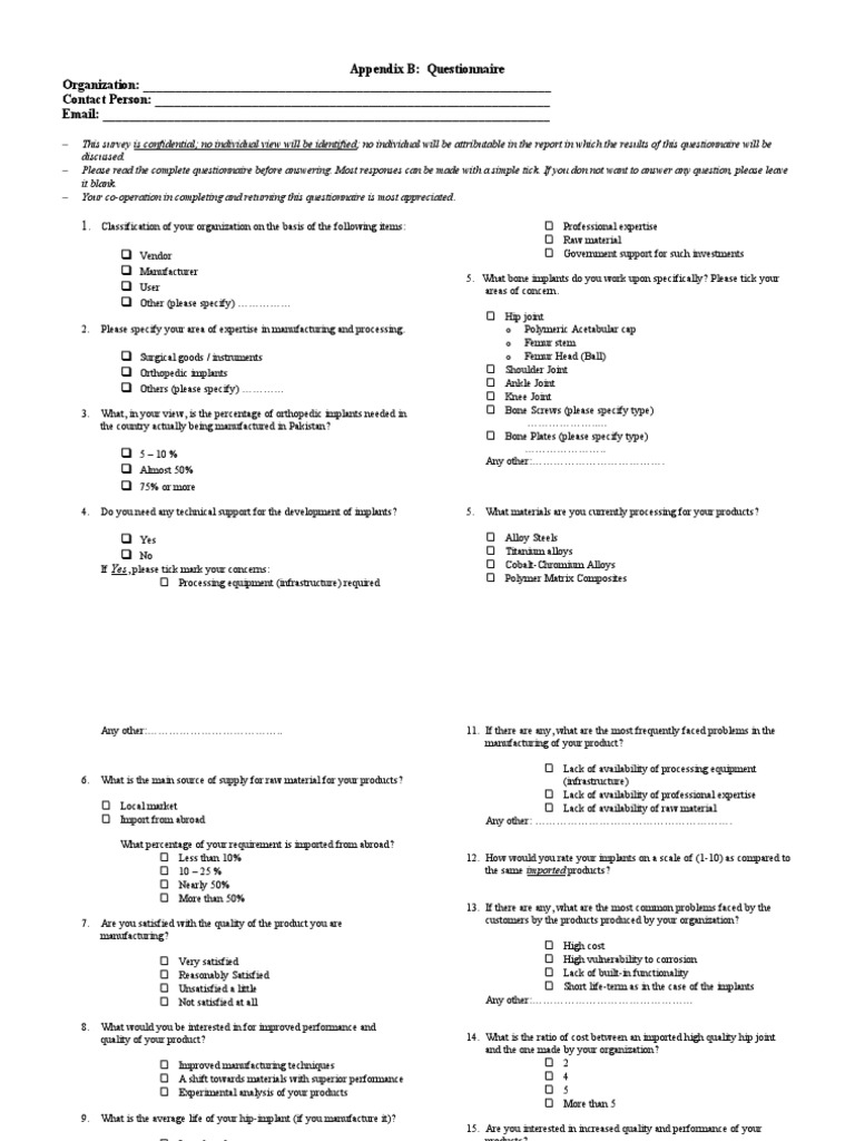 Questionnaire Hip Implant | PDF | Orthopedic Surgery | Implant (Medicine)