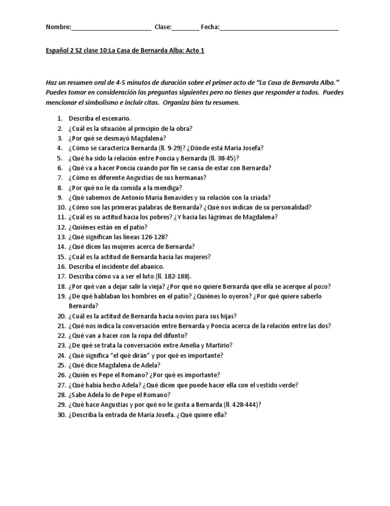 Espanol 5 S2 Clase 10 La Casa de Bernarda Alba Acto I | PDF | Hogar y ...