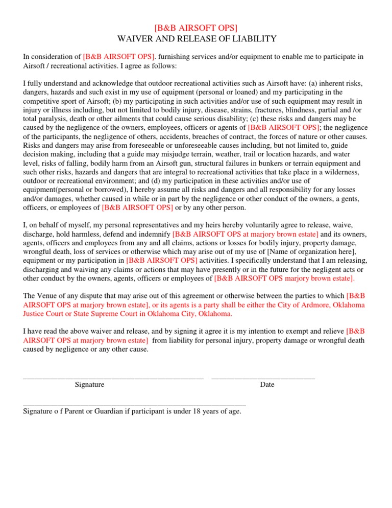 B&B Airsoft Ops Liability Waiver | PDF | Negligence | Indemnity