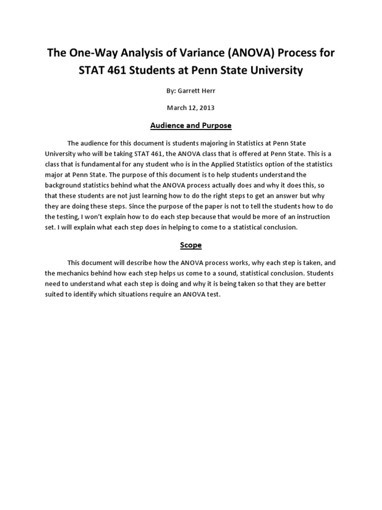 Understanding One-Way ANOVA for STAT 461 | PDF | Statistical Hypothesis ...