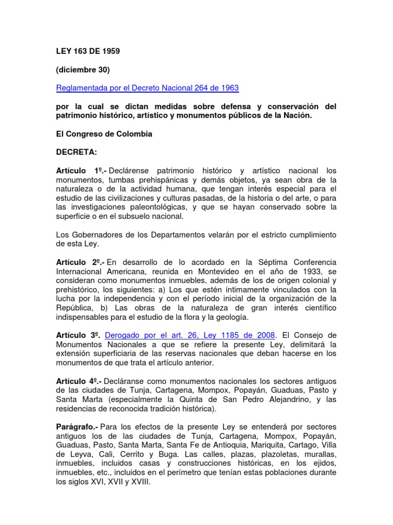 DECRETO 264 DE 1963. Ley-163-De-1959 | PDF | Propiedad | Arqueología