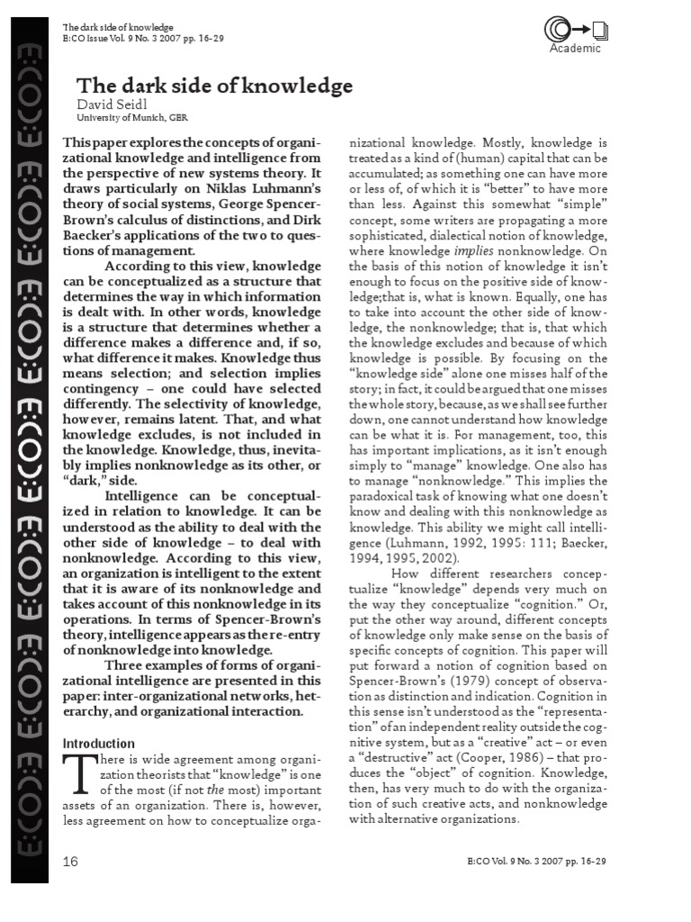 The Dark Side of Knowledge: David Seidl | PDF | Concept | Knowledge
