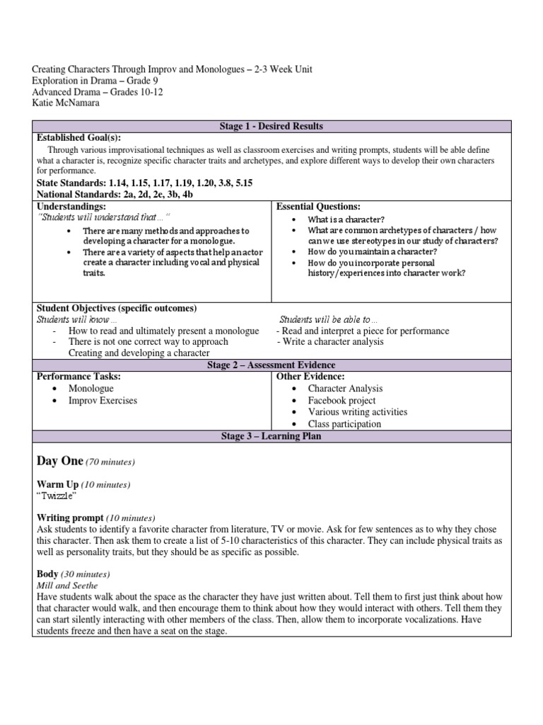 Drama Character Creation Unit | PDF | Improvisational Theatre | Learning
