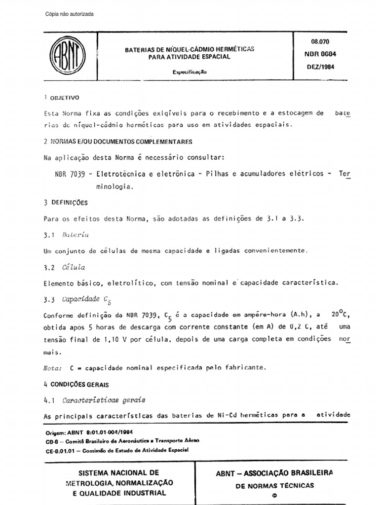 NBR-8684 NB 894 - Baterias de Niquel-Cadmio Hermeticas para Atividade Espacial | PDF | Natureza
