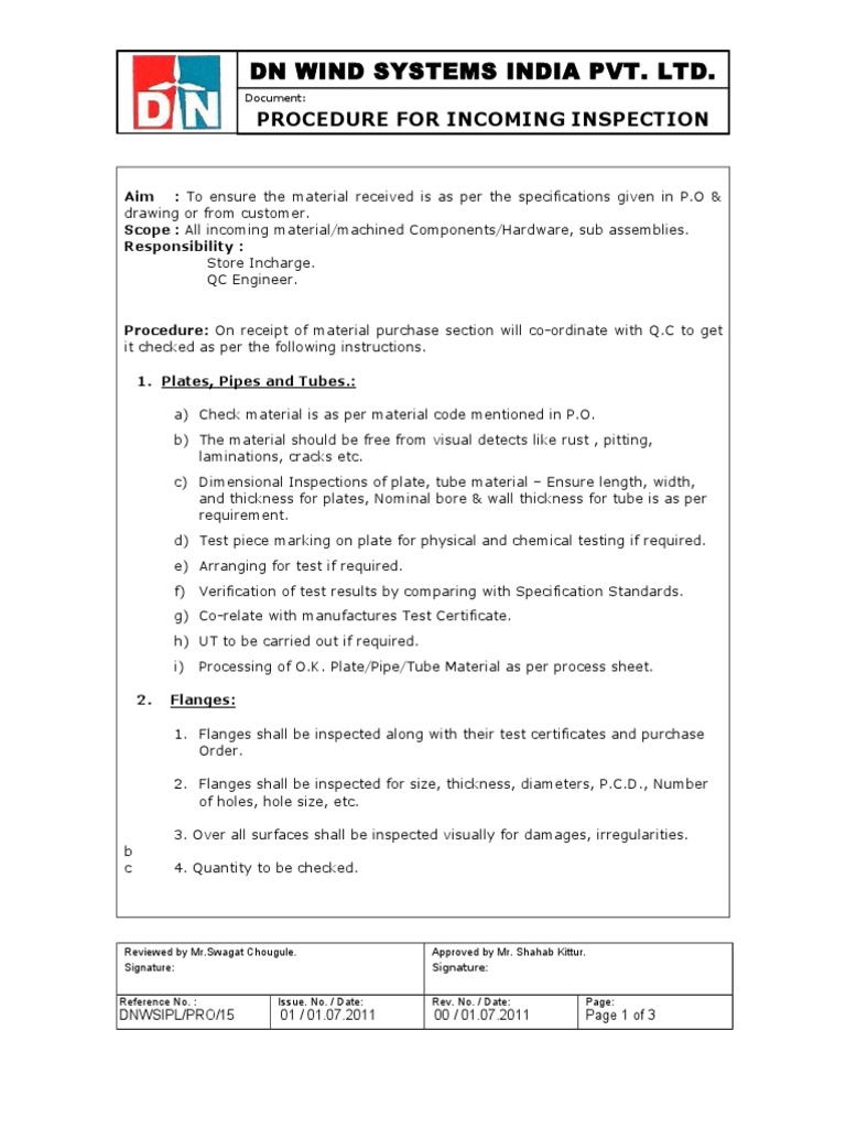 Procedure for Incoming Inspection | Pipe (Fluid Conveyance) | Specification (Technical Standard)
