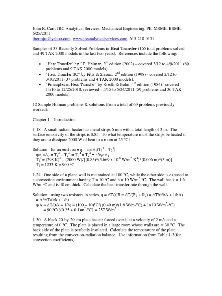 Solved Heat Transfer Problems Samples | PDF | Thermal Conduction | Heat ...