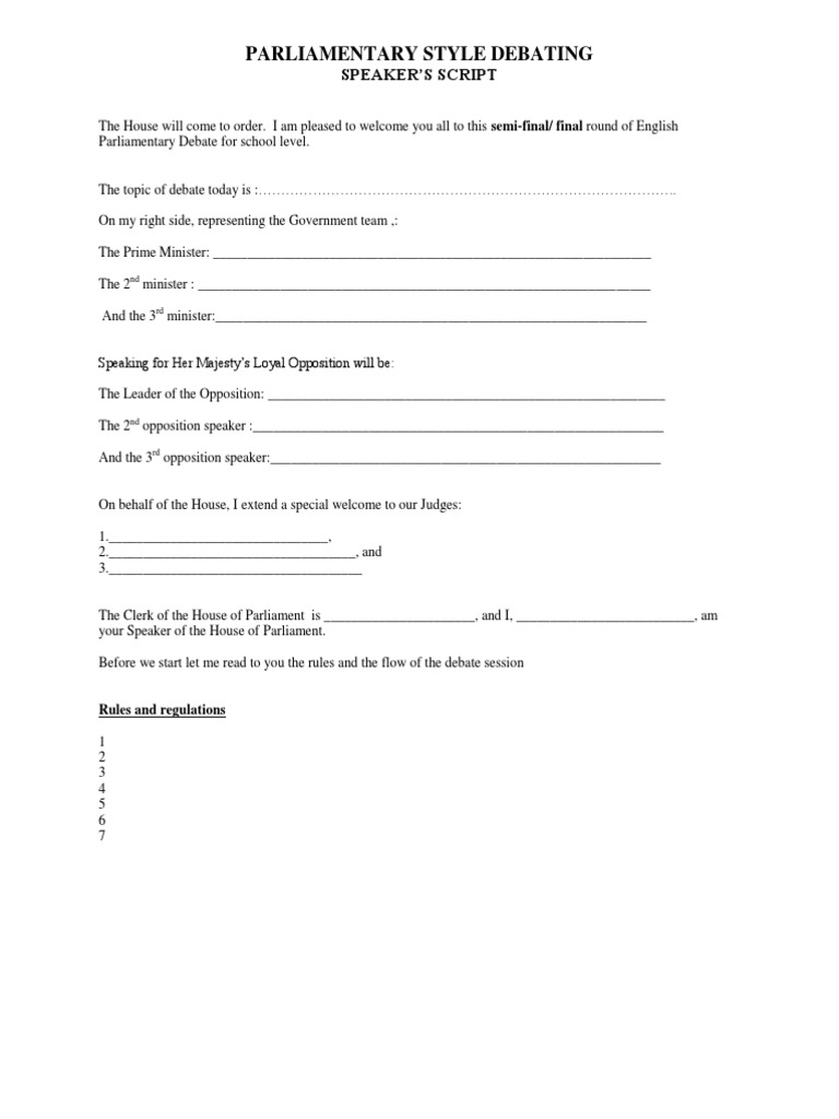 Parliamentary Style Debating: Speaker'S Script | PDF | Palace Of ...