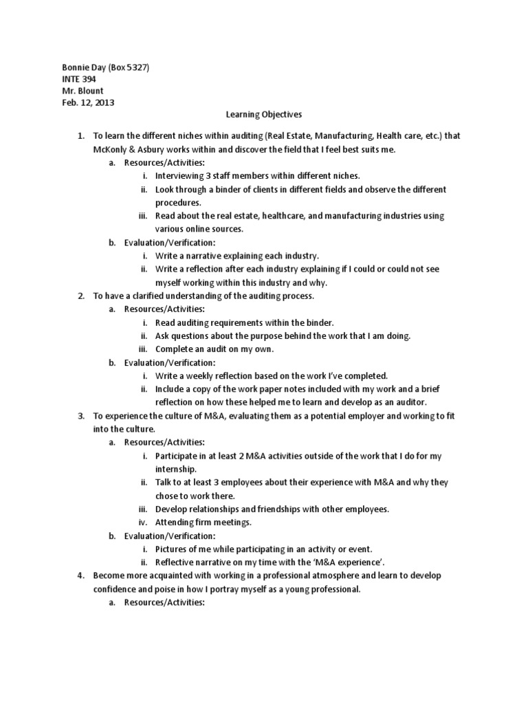 Internship Objectives | PDF | Audit | Employment