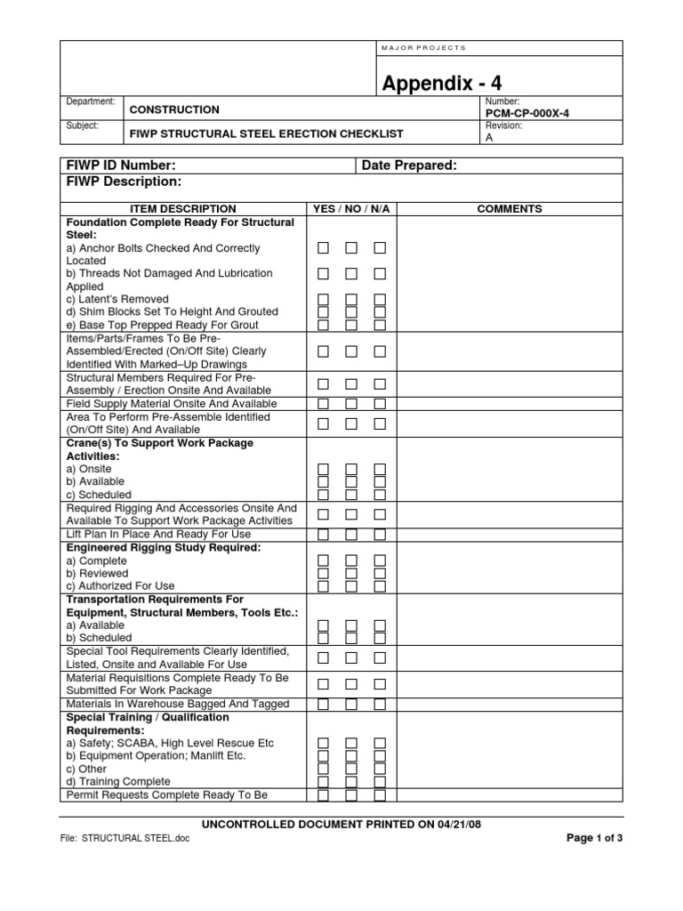 Structural Steel Erection Checklist | PDF | Specification (Technical ...