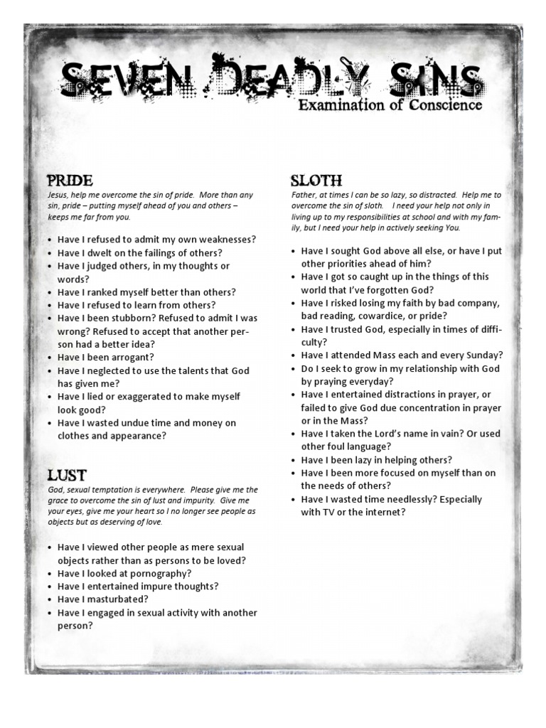 7 Deadly Sins Examination of Conscience | Seven Deadly Sins | Envy