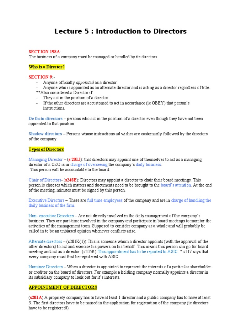 Lecture 5 Introduction To Directors | PDF | Board Of Directors | Legal ...