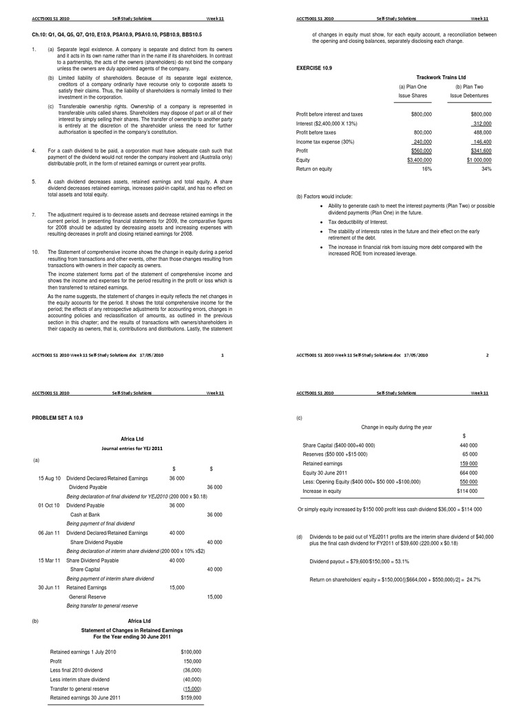 ACCT5001 Week 11 Self-Study Solutions | PDF | Retained Earnings | Dividend