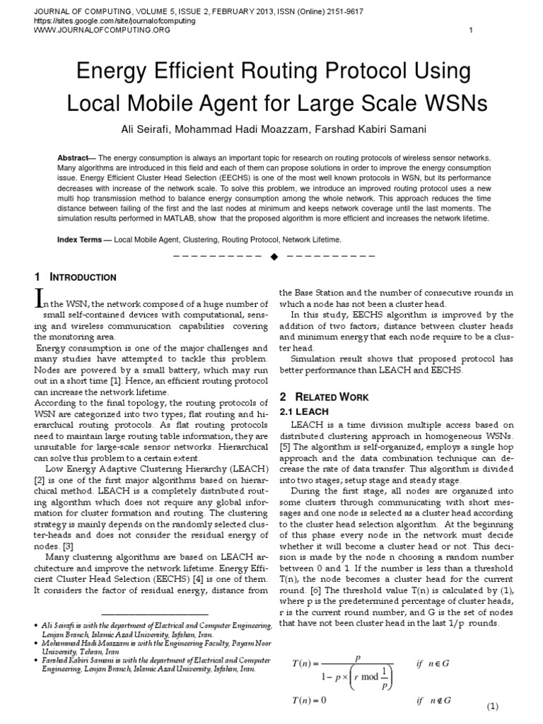 Energy Efficient Routing Protocol Using Local Mobile Agent For Large Scale Wsns Pdf Routing