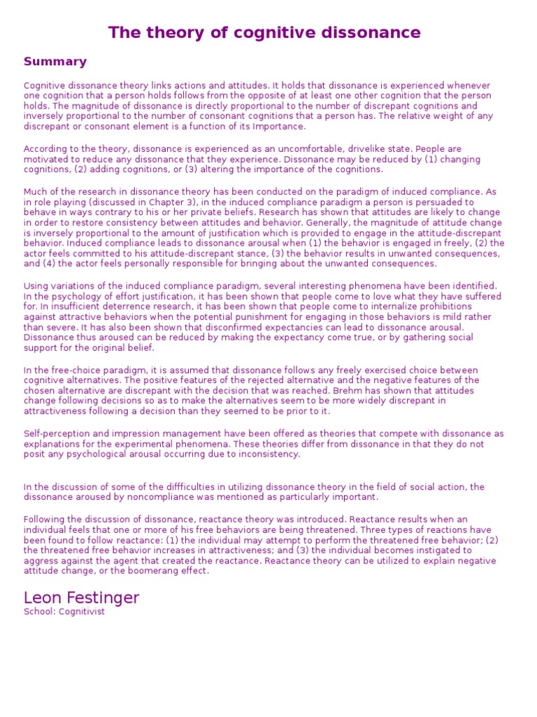 The Theory of Cognitive Dissonance | PDF | Attitude (Psychology ...