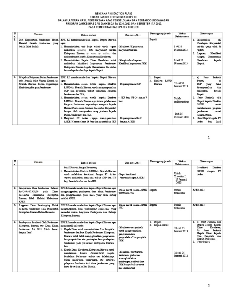Action Plan Jamkesmas-Jamkesda Kabupaten Bireuen | PDF