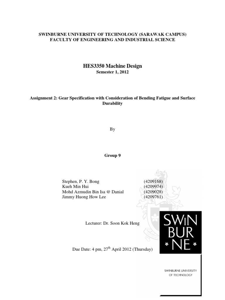 HES3350 Machine Design, Assignment 2: Gear Specification With Consideration of Bending Fatigue ...
