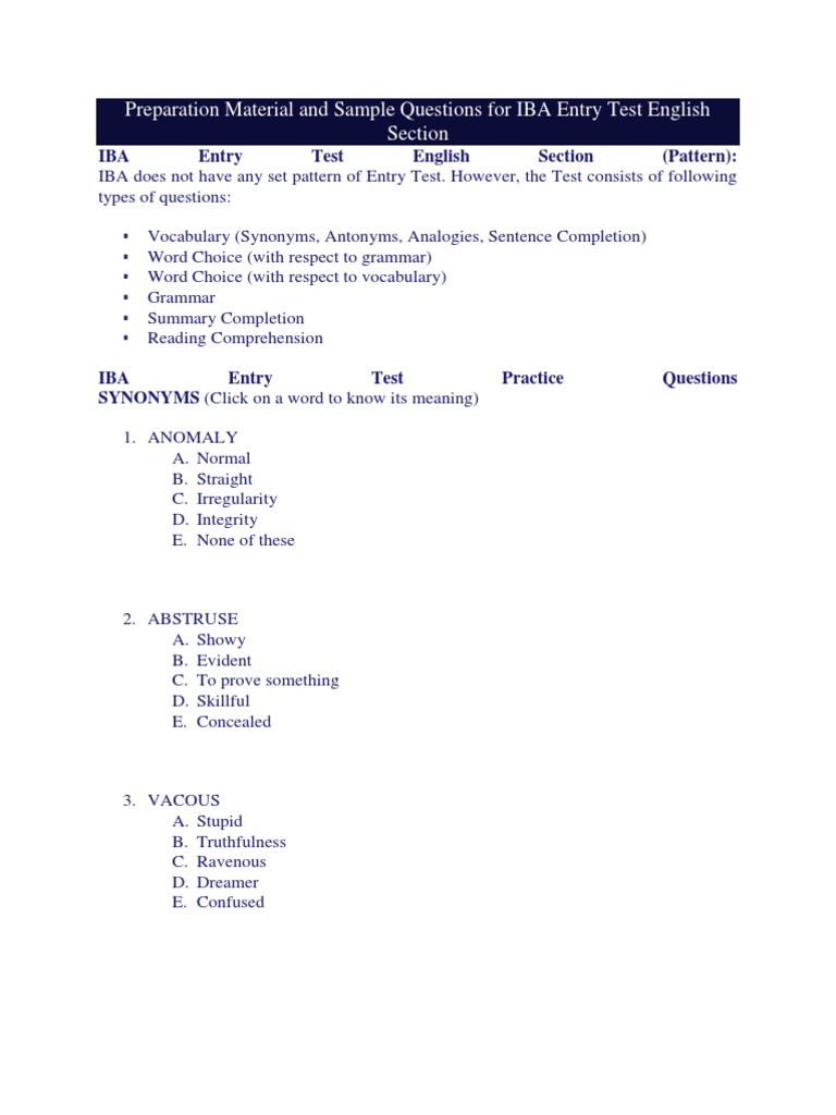 Sample Questions For IBA Entry Test English Section | PDF ...
