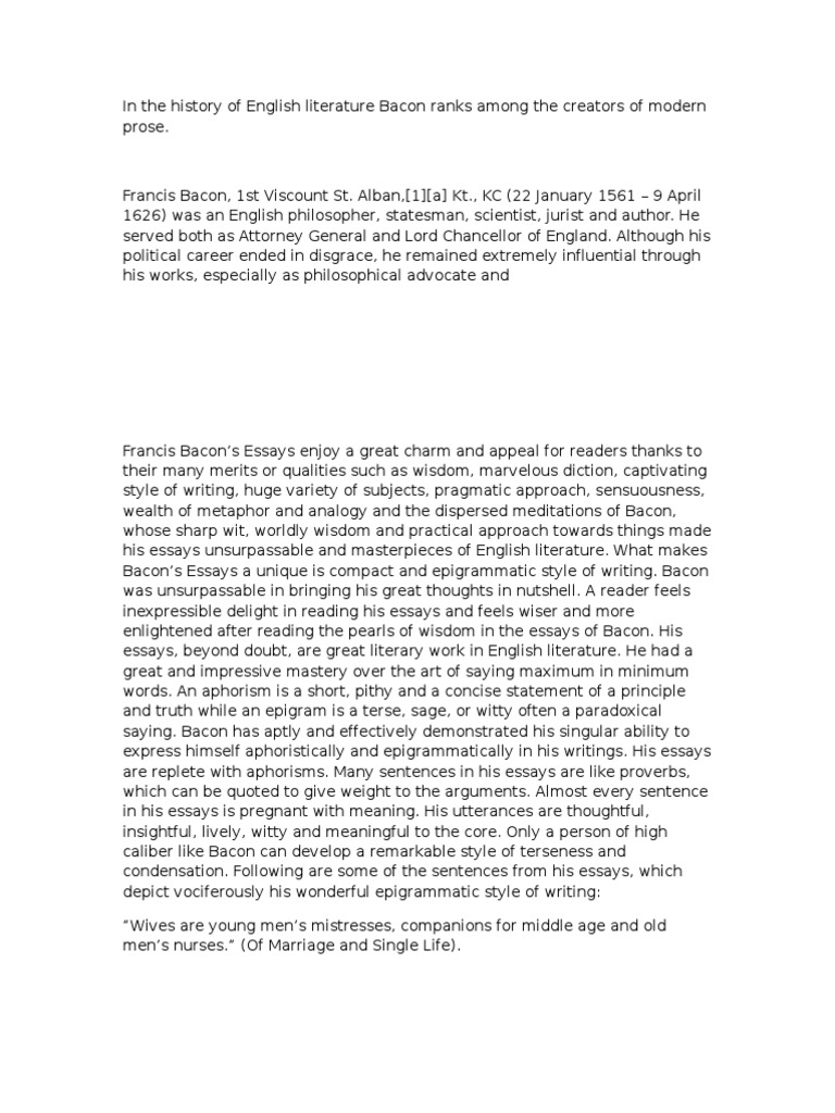 Bacon Essays Analysis | PDF | Francis Bacon | Essays