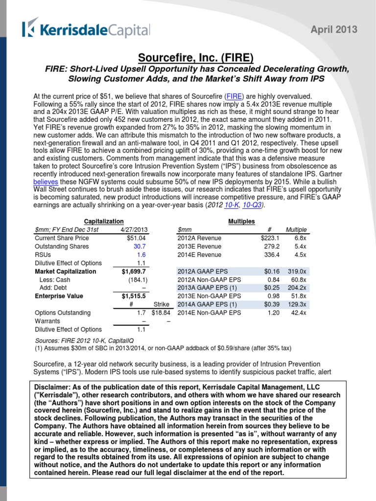 Kerrisdale Capital Short Thesis On Sourcefire (FIRE) | PDF | Discounted Cash Flow | Juniper Networks