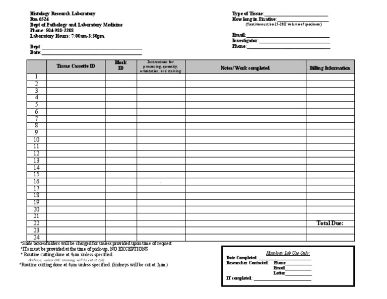 Histology Research Laboratory Work Order | PDF