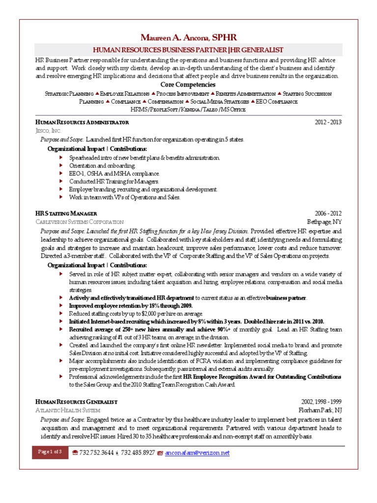 Human Resources Business Partner HR Generalist in NYC Resume Maureen ...