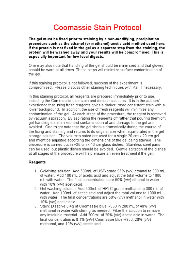 Coomassie Stain Protocol | PDF | Staining | Methanol