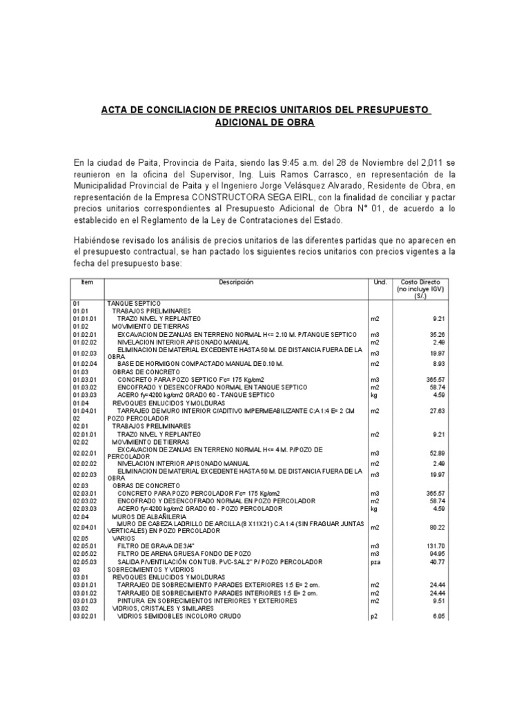 Acta de Conciliacion de Precios Unitarios Del Presupuesto Adicional de Obra | PDF | Hormigón ...